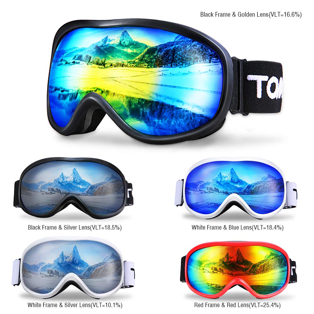 TOMSHOO Ski Goggles Windproof Snow Goggles Fit Over Glasses, Anti-Fog UV Protection Non-Slip Strap Ski Snowboard Goggles