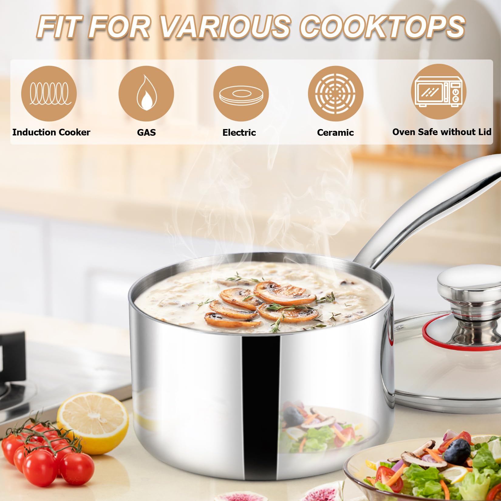 TeamFar Saucepan with Lid, 1qt & 3qt Stainless Steel Tri-ply Sauce Milk pan Small Cooking Pot for Induction/Gas/Electric/Ceramic, Healthy & Heavy Duty, Ergonomic Handle & Dishwasher Safe β Set of 2