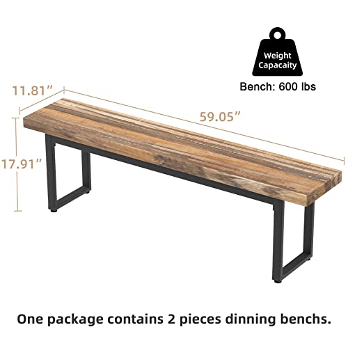 STHOUYN 59” Dining Bench Pair of 2 for 6-8 Person, Farmhouse Indoor Kitchen Table Benches, Bed Bench, Industrial Shoe Bench, Entryway Benches (Brown 2pcs)