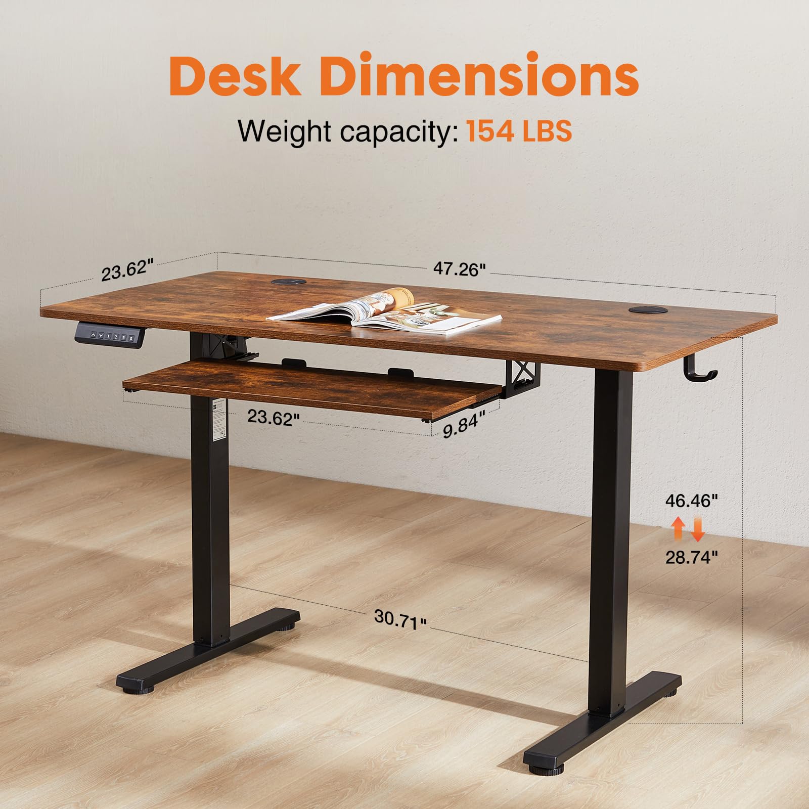 Sweetcrispy Standing Desk with Keyboard Tray, 48 x 24in Adjustable Height Electric Stand Up Desk Standing Computer Desk Home Office Desk Ergonomic Workstation with 3 Memory Controller, Rustic Brown