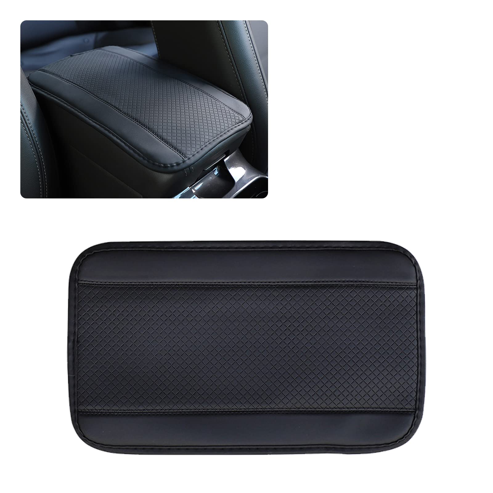 Sodcay Pack-1 Car Fiber Leather Embossing Armrest Box Mat, Four-Season Universal Center Console Cover Decoration Pad, 12.6" x 7.5" Double Line Non-Slip Handrail Box Protector, for Most Auto (Blue)