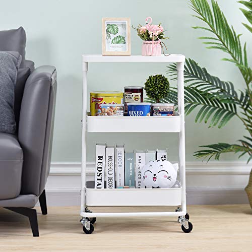 TOOLF 3-Tier Metal Rolling Storage Cart with Plastic Tabletop, 3-Tier Metal Serving Rolling Cart with Contral Handle,Trolley Organizer with Locking Wheels for Library Office Classroom Home Dedroom