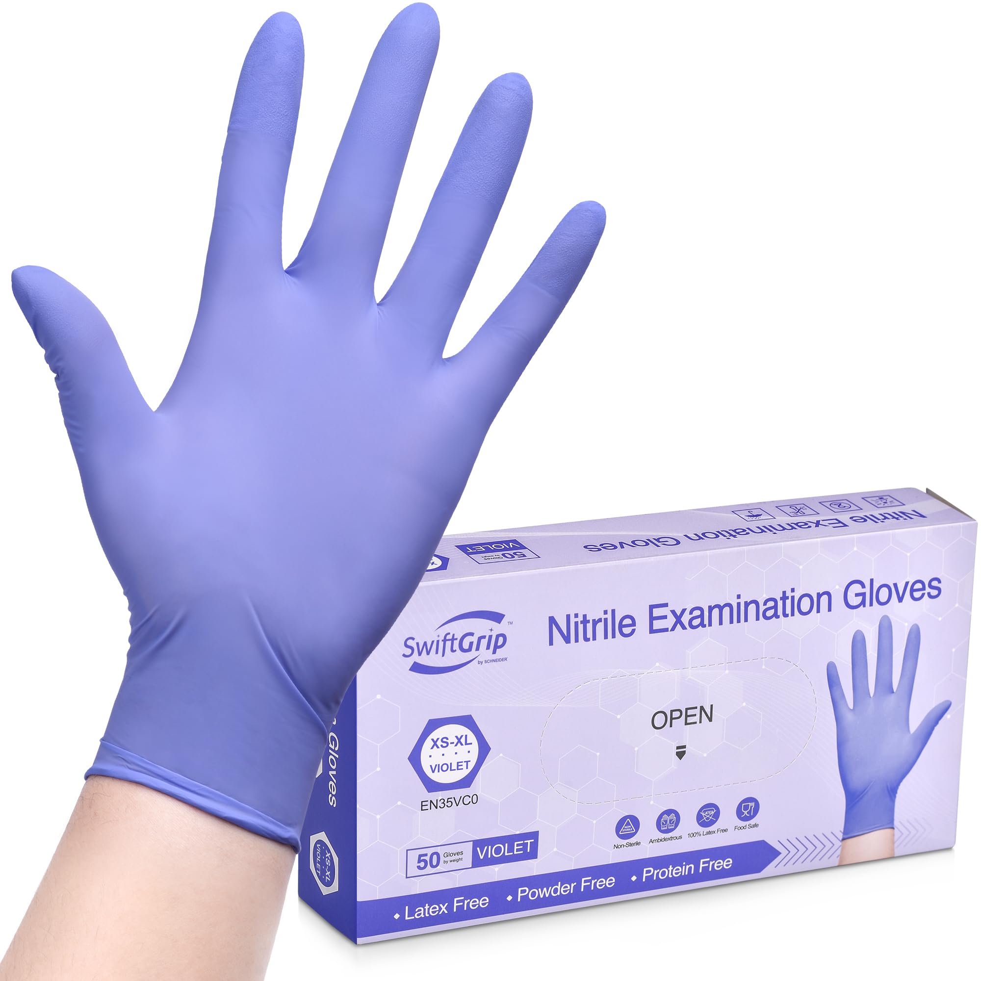 SwiftGrip Disposable Nitrile Exam Gloves, 3-mil, Small, Box of 50, Violet Nitrile Gloves Disposable Latex Free for Medical, Cleaning, Cooking & Esthetician, Food-Safe, Powder-Free, Non-Sterile, Purple