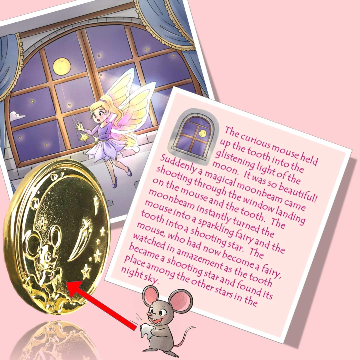 Tooth Fairy Pillow Book and Gold Coin Keepsake Set Kit with Velvet Memory Bag for Boys and Girls