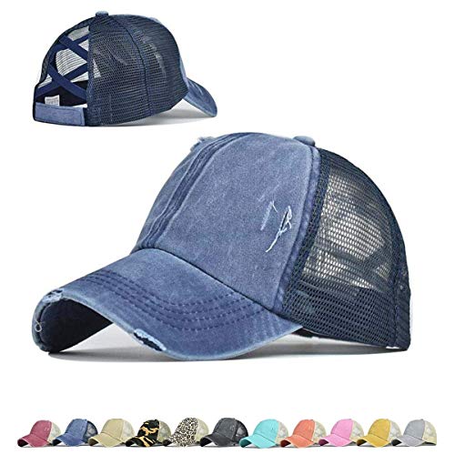 Top Hats for Women Baseball Caps with Mesh Back Trucker Hats Ponytail/High Messy Bun Ponycap Dad Hats (Navy Blue)