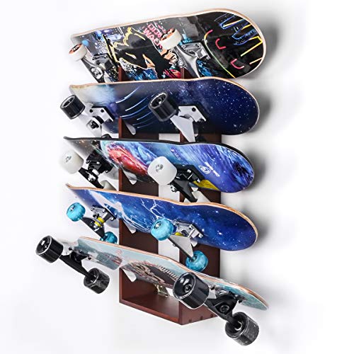 Sunix Skateboard Wall Mount Display Rack, Wooden Skateboard Wall Rack with Five-Layer for Deck, Longboard, Snowboard, Skateboard Accessories for Home or Garage | Space-Saving Storage