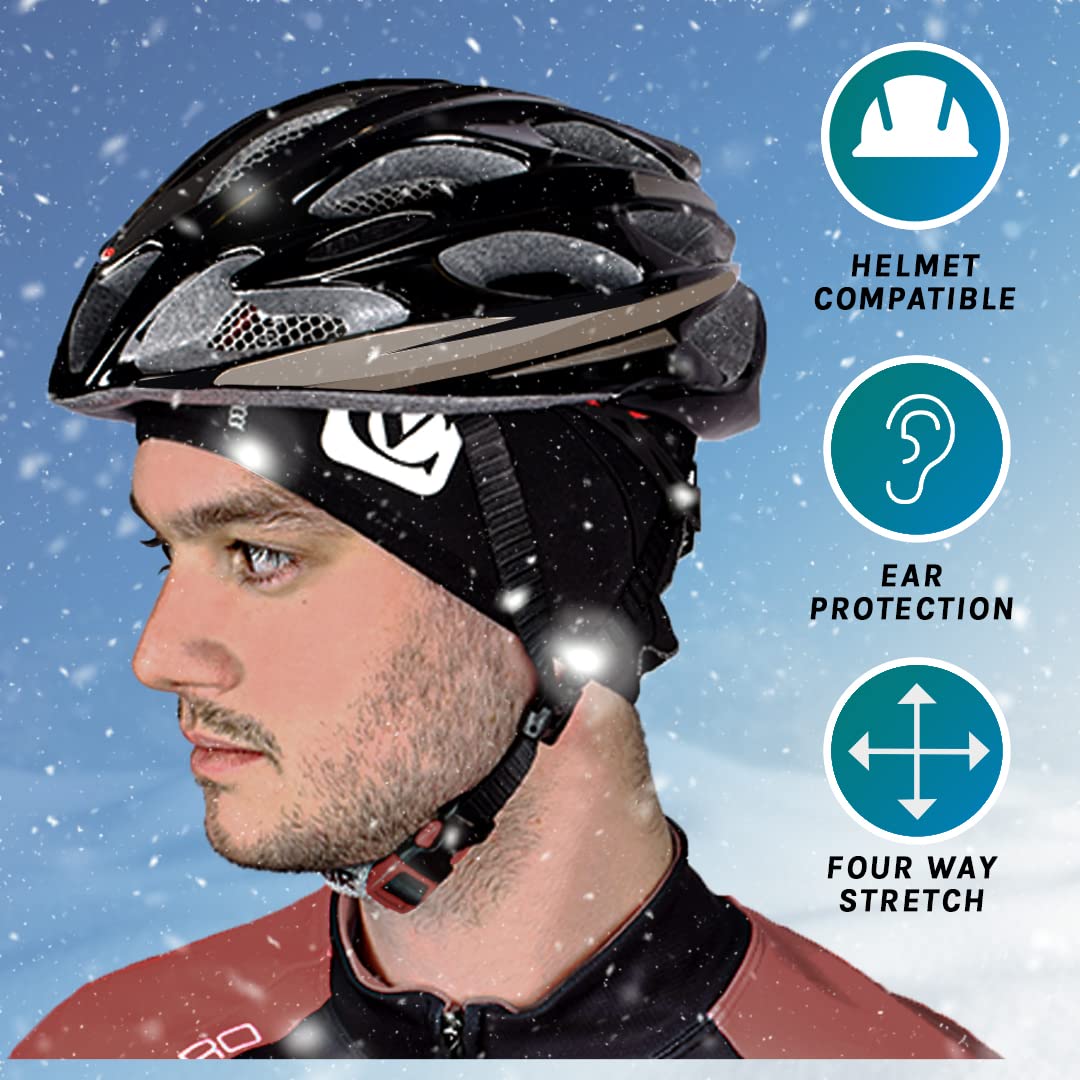 VeloChampion Windproof Fleece Lined Thermo-Tech Under Helmet Skull Cap Sports Beanie– Ideal Cycling Liner, Running Hat Black