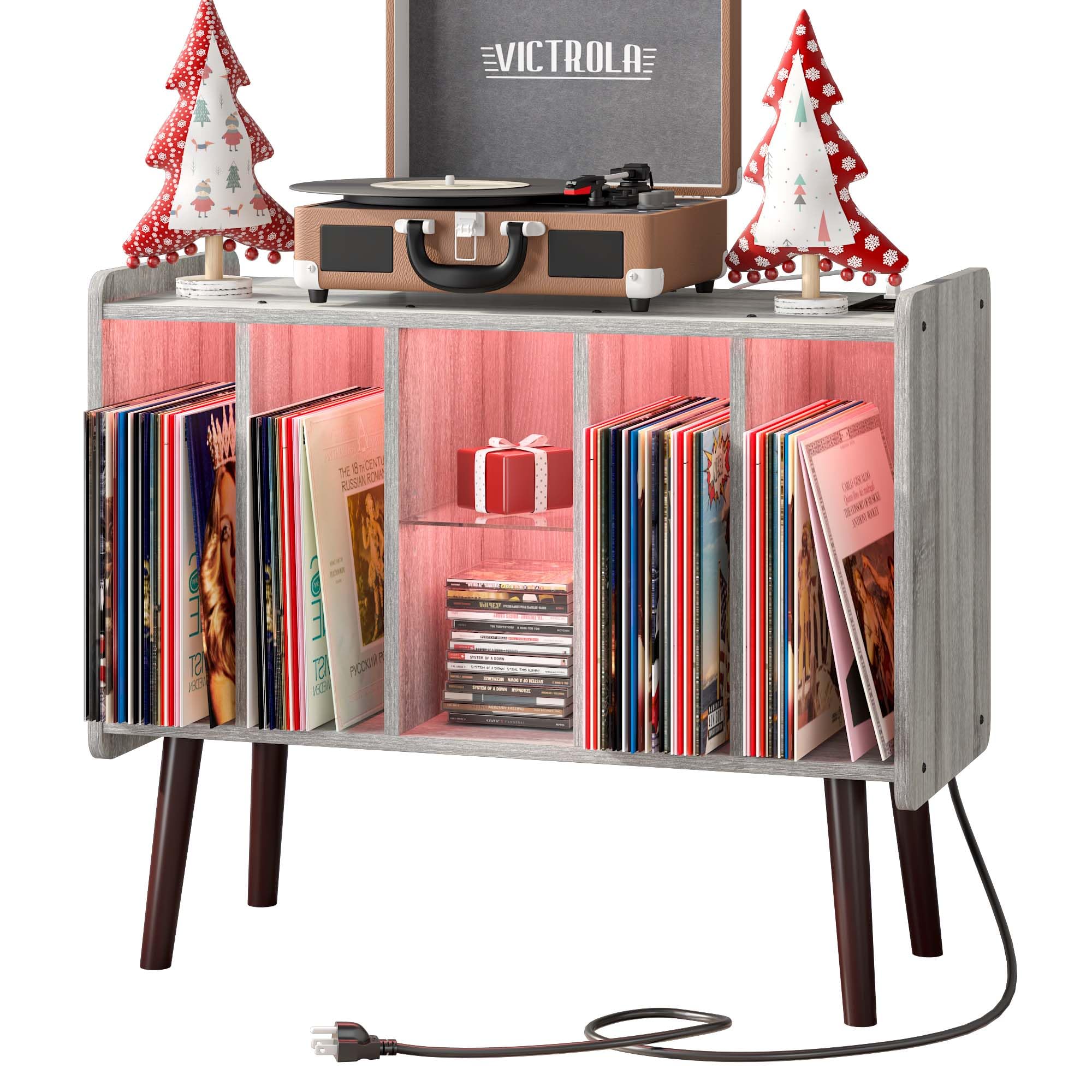 Tantmis LED Record Player Stand, Turntable Stand with Vinyl Record Storage, Mid Century Modern Record Player Table, Rustic Grey Record Player Cabinet with Power Outlet for Living Room, Bedroom