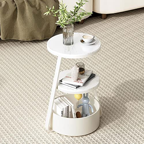 Sofa Side Table Couch Table Round End Table, 3-Tier Side Table Table with Storage Basket and 2 Tier Storage Shelf, Modern Bedside Sofa Coffee Table for Living Room, Bedroom End Table Coffee Tab