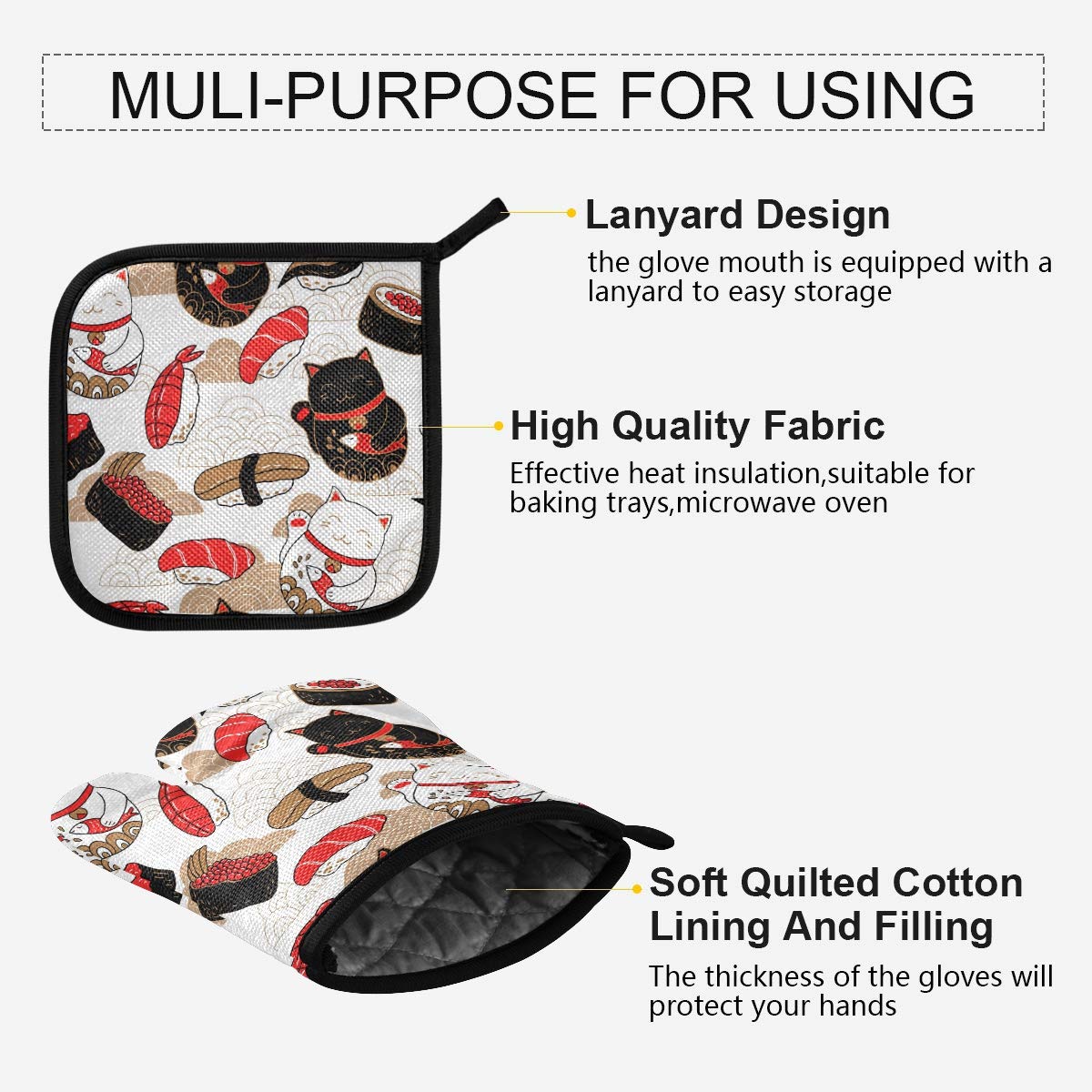 ZZXXB Maneki Neko Cat Oven Mitts and Pot Holders Set of 2 Heat Resistant Non-Slip Kitchen Gloves for Cooking Baking Barbecue Grilling