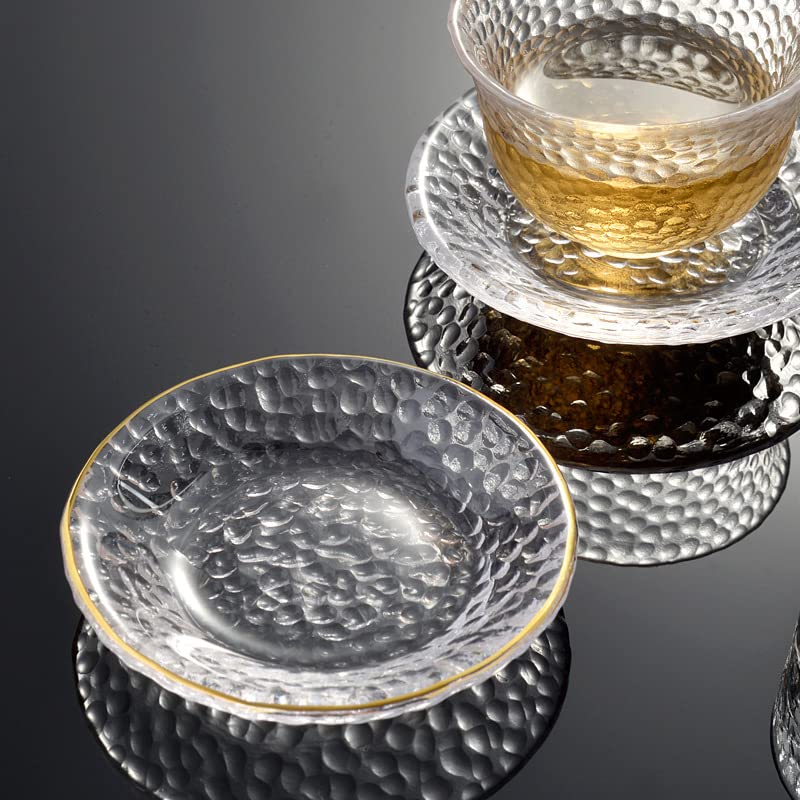 Wowagoga 9 Pcs Small Random Round Glass Saucer Plate Tea Cup Saucer Set for Teacups Coffee Mugs Dessert(82-100mm,Transparent/Gold)