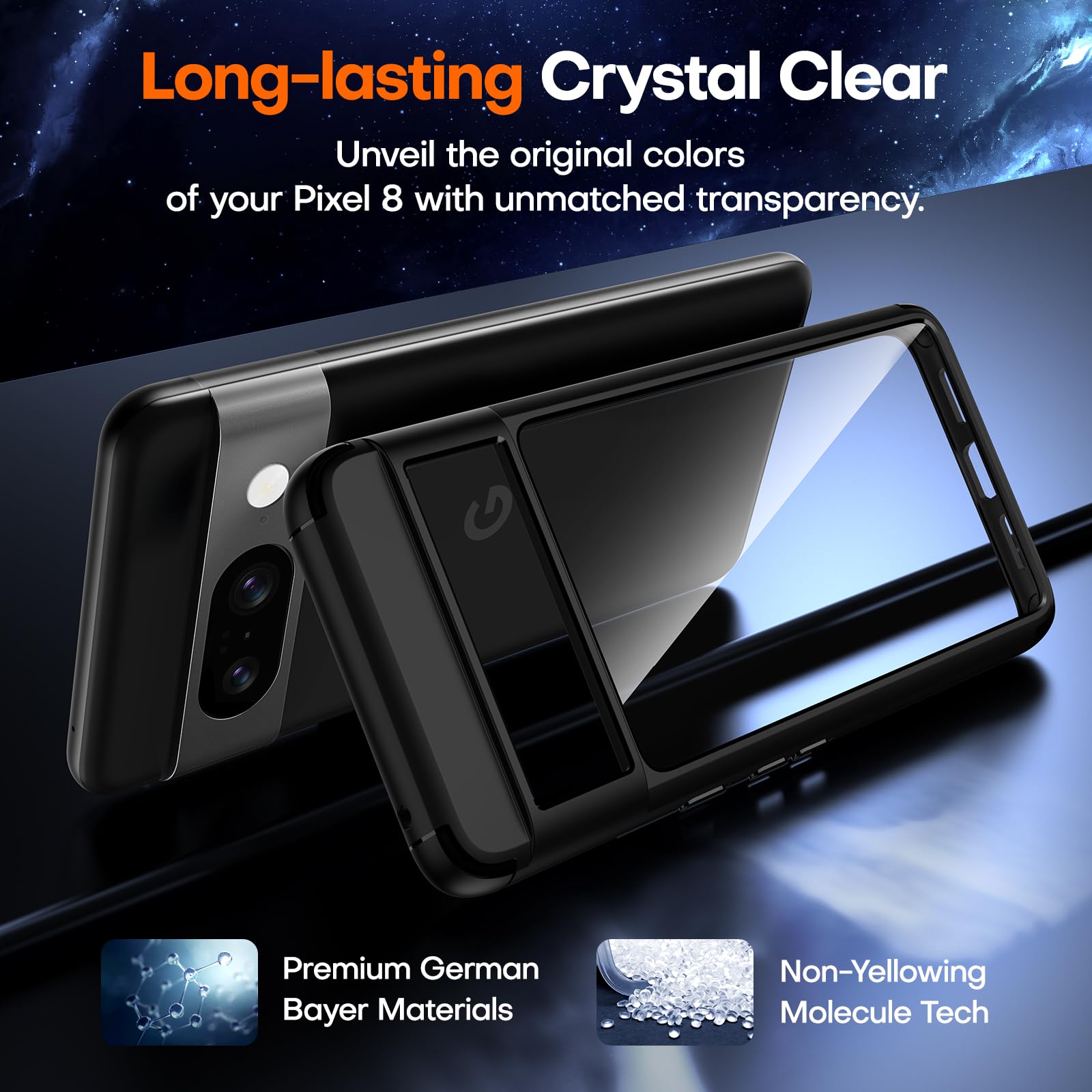 TAURI [5 in 1 for Google Pixel 8 Case, [Not Yellowing] with 2 Tempered Glass Screen Protector + 2 Camera Lens Protector, [Military Grade Drop Protection] Shockproof Slim for Pixel 8 Phone Case, Black