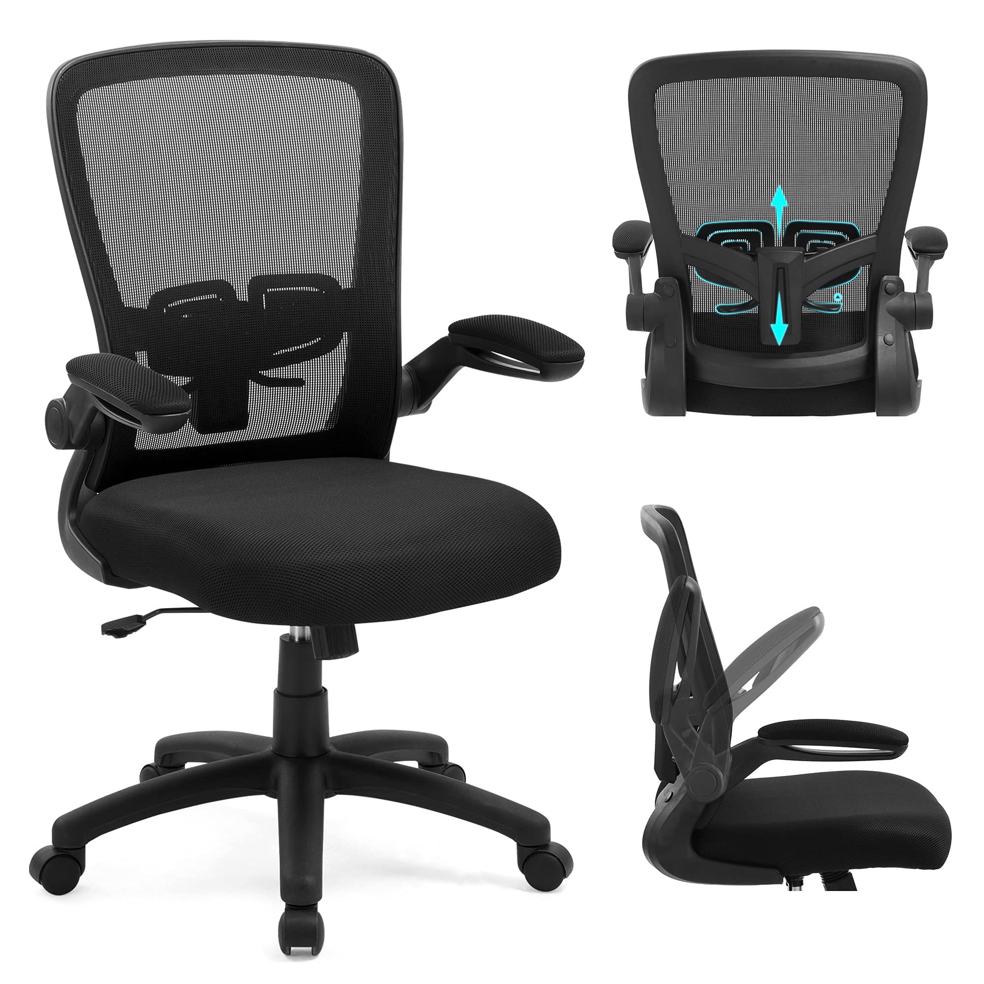 Upgraded Ergonomic Office Chair, Home Office Chair with Adjustable Lumbar Support, Ergonomic Desk Chair with Flip-up Armrests, Mesh Computer Chair with High Resilience Thickened Cushion, Black