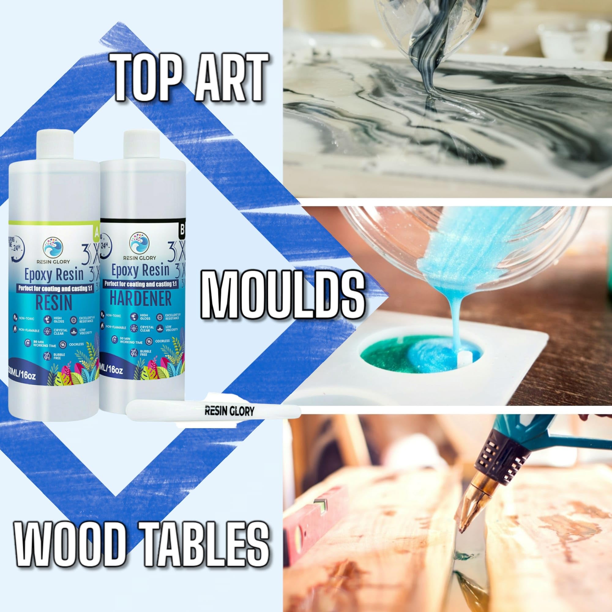 RESIN GLORY Epoxy Resin Kit - 32OZ 1:1 Ratio Crystal Clear Resin for Art Coating Craft Casting - Jewelry Making, River Table, Coasters, Cheeseboard, DIY- Non-toxic, Self levelling, Heat & UV Resistant