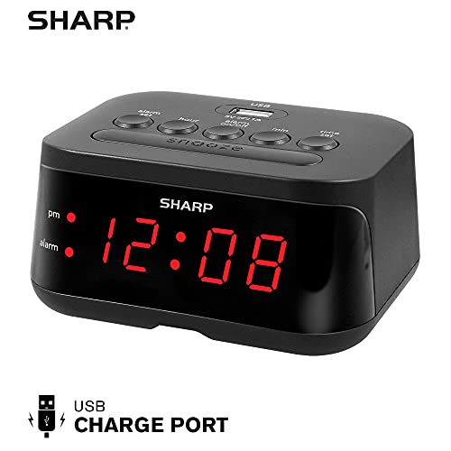 SHARP Digital Alarm Clock with USB Charge Port & Red LED Display