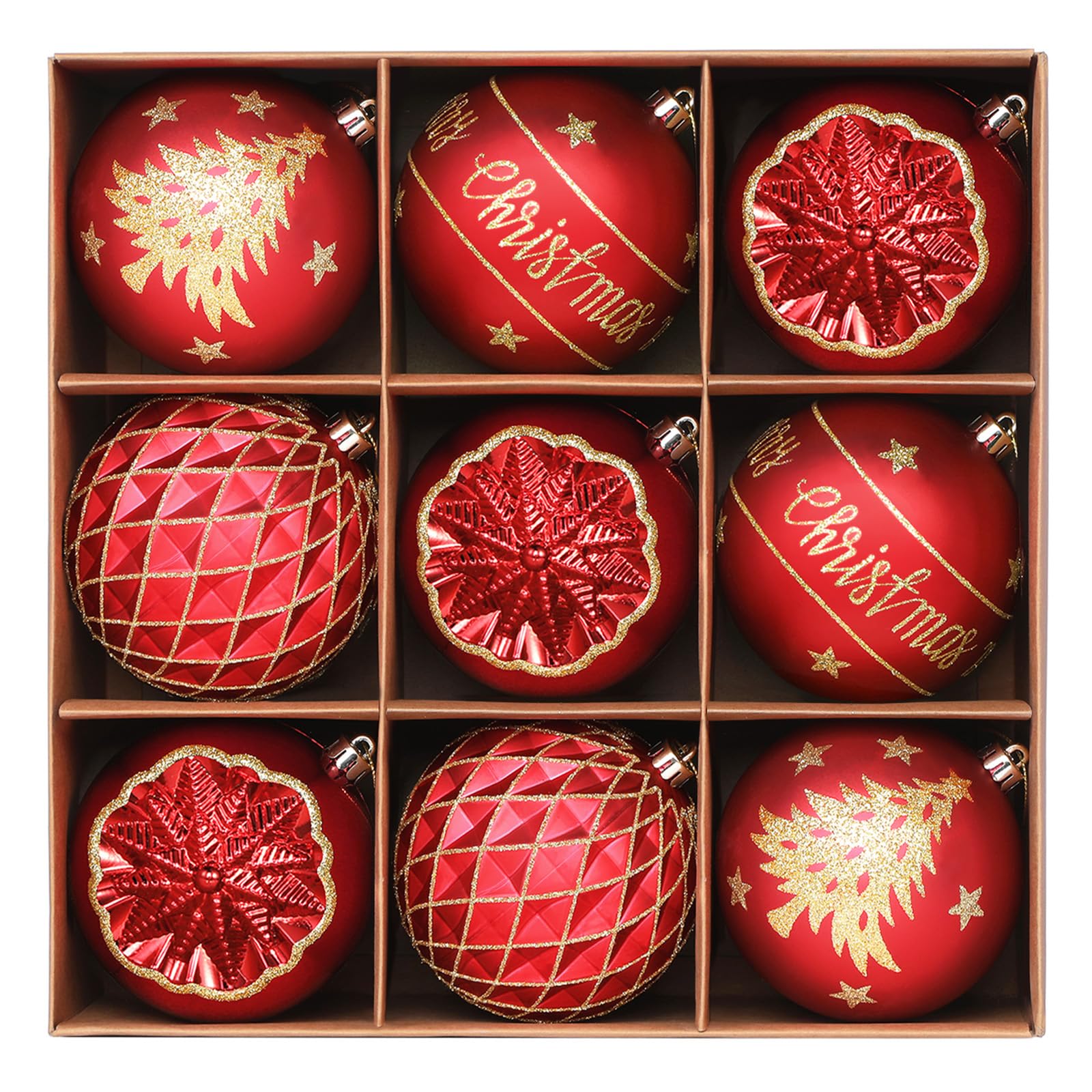 SHareconn 100MM/4 Inch 9PCS Large Christmas Balls Ornaments, Shatterproof Plastic Hanging Big Baubles Set for Xmas Tree Decoration Holiday Party Wedding Decorations with Hook, Red