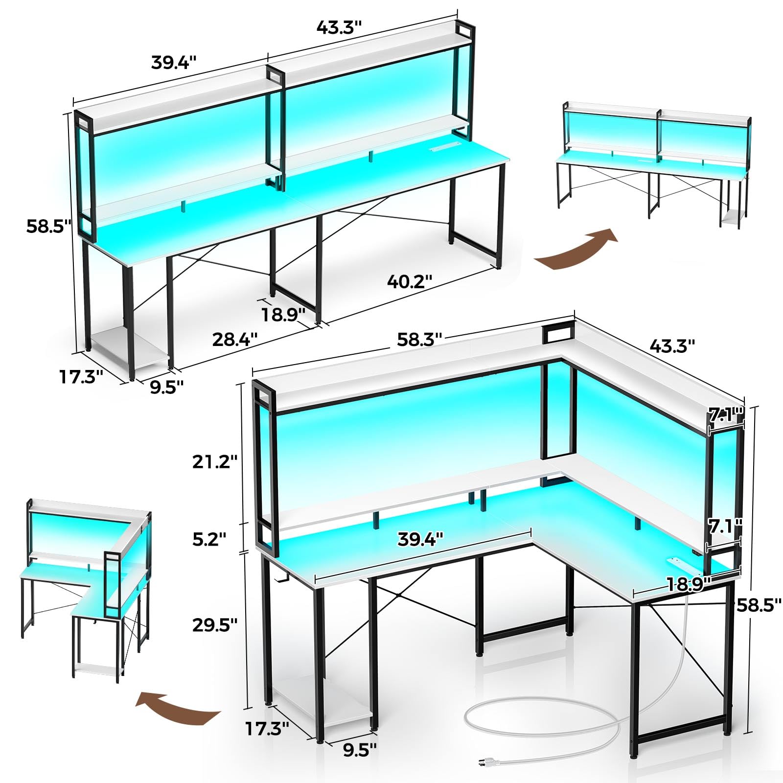 Rolanstar Computer Desk with Hutch & Storage Shelves, Gaming Desk with LED Lights & Power Outlets, L Shaped Desk, Corner Desk Home Office Desks, White