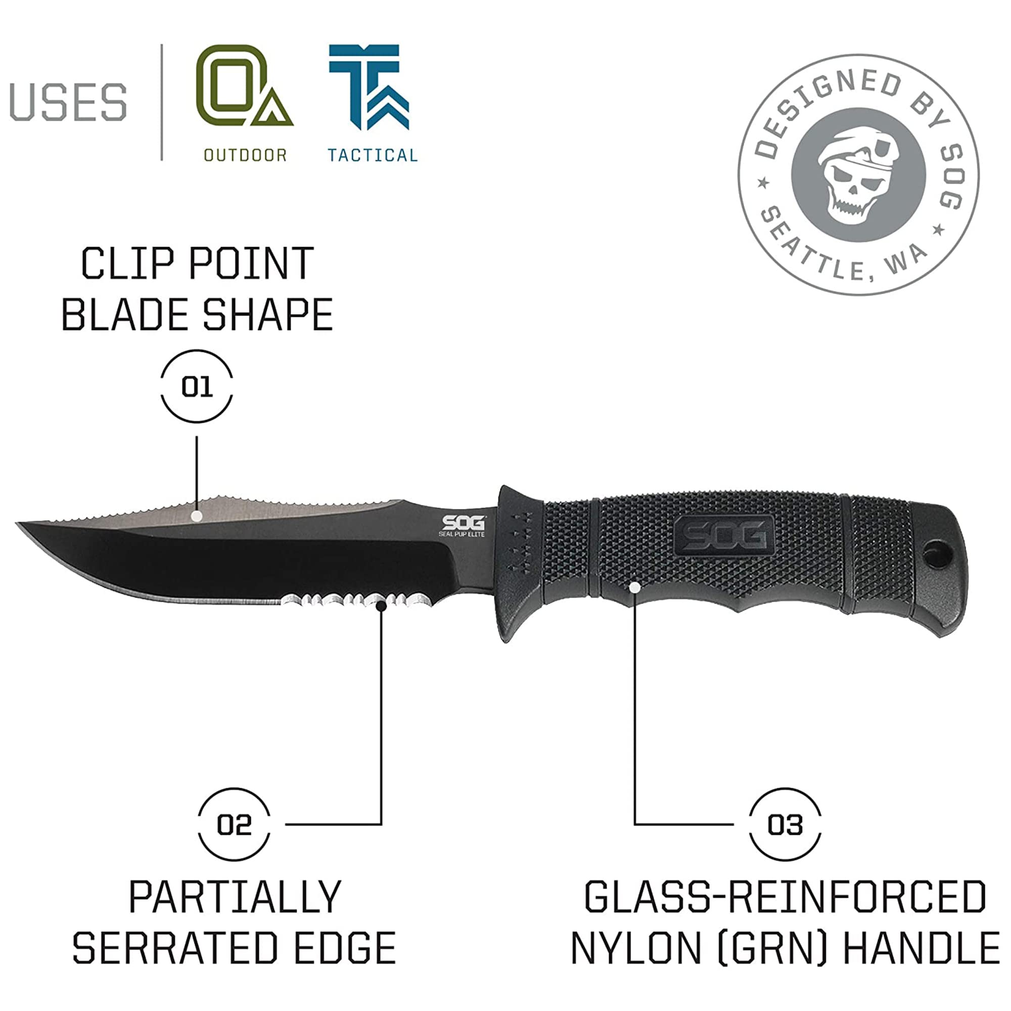 SOG Seal Pup Elite Tactical Fixed Blade- Survival and Hunting Knife with Sheath, 4.75 Inch Combat Knife Blade (E37T-K)