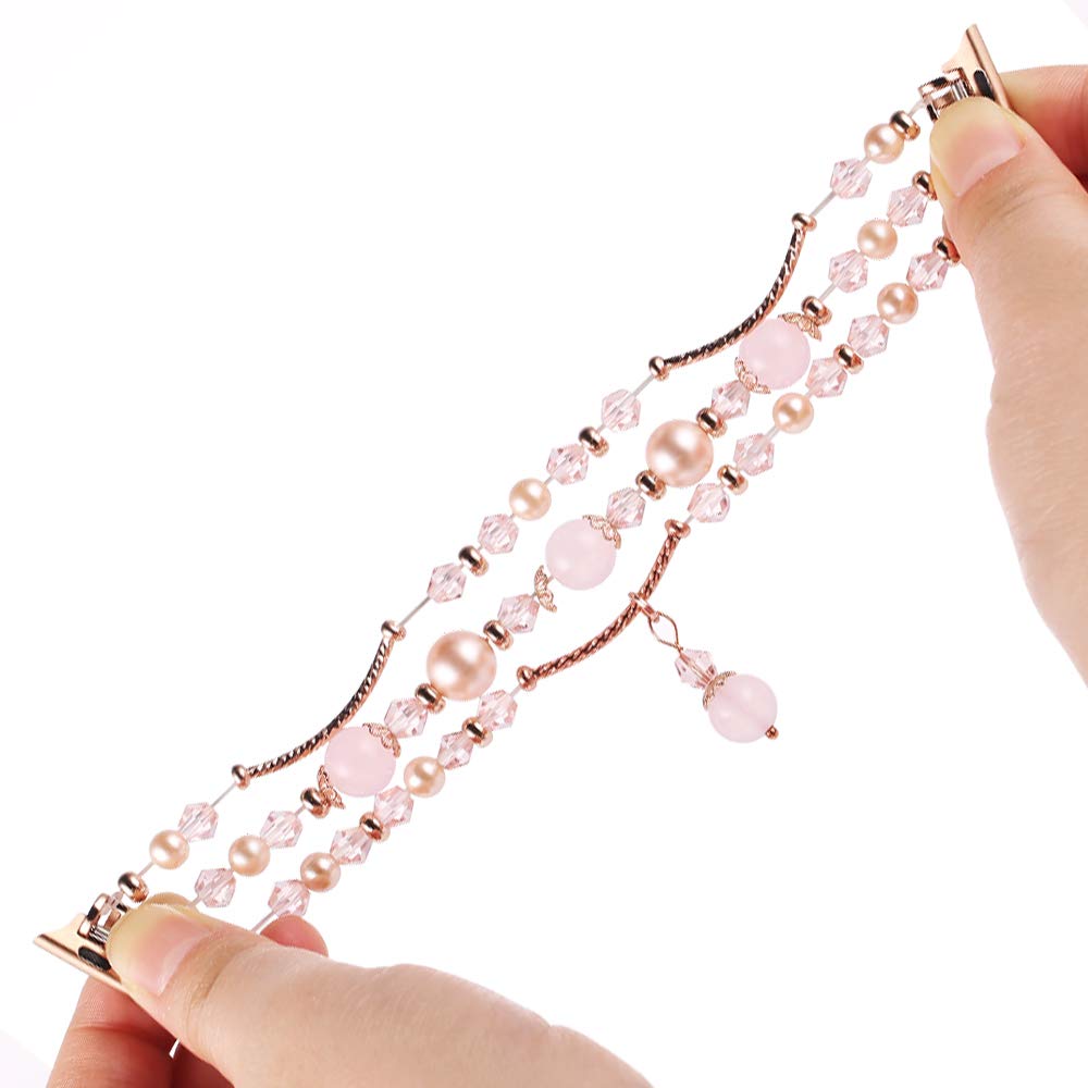 Suppeak Band Compatible with Apple Watch 38mm 40mm 41mm, Women Girl Elastic Handmade Pearl Bracelet Replacement for Series SE 7 6 5 4 3 2 1, Pink