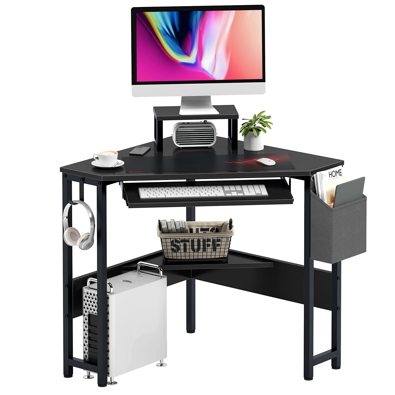 sogesfurniture Corner Desk Small Desk Corner Table for Small Space, Corner Computer Desk Writing Smooth Keyboard Tray & Shelves,Compact Home Office Triangle Table