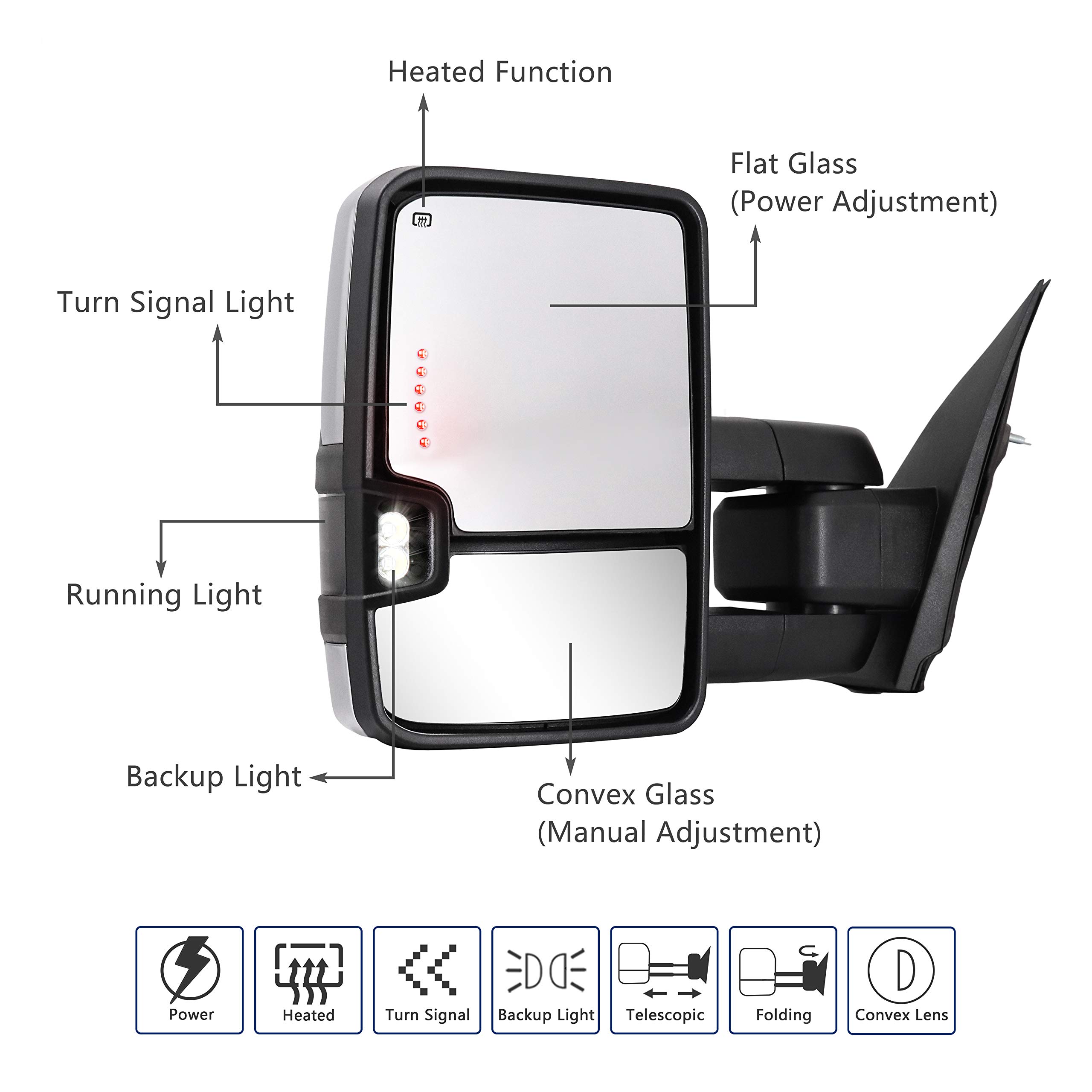 Towing Mirror Compatible with 2014-2018 Chevy Silverado GMC Sierra 1500 2500 HD 3500 HD with Power Adjusted Heated Glass Running Turn Signal Lights Light (Chrome Back)