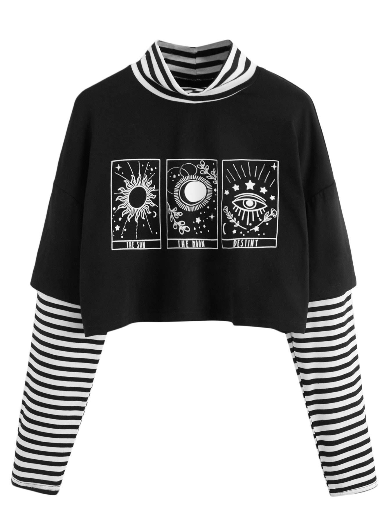 SweatyRocks Women's Color Block Butterfly Print Striped Long Sleeve Crop Top T Shirt Graphic Black White L