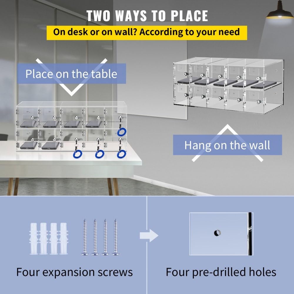 WACTO Acrylic Wall-Mounted Cell Phone Storage Locker with 10 Slots, Door Locks and Keys - Ideal for Office, Classroom, Gym - Clear