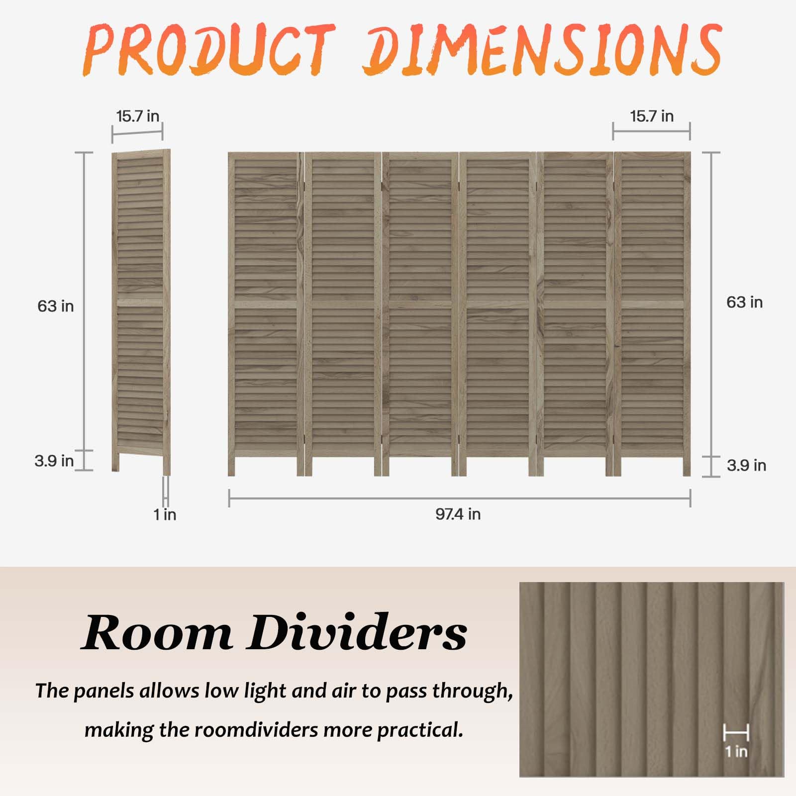 Room Divider Screen, 5.6FT Tall Wood Room Divider Wall, Folding Room Dividers, Louver Privacy Screen, Indoor Partition Room Dividers for Home Office Restaurant Bedroom (6 Panel)