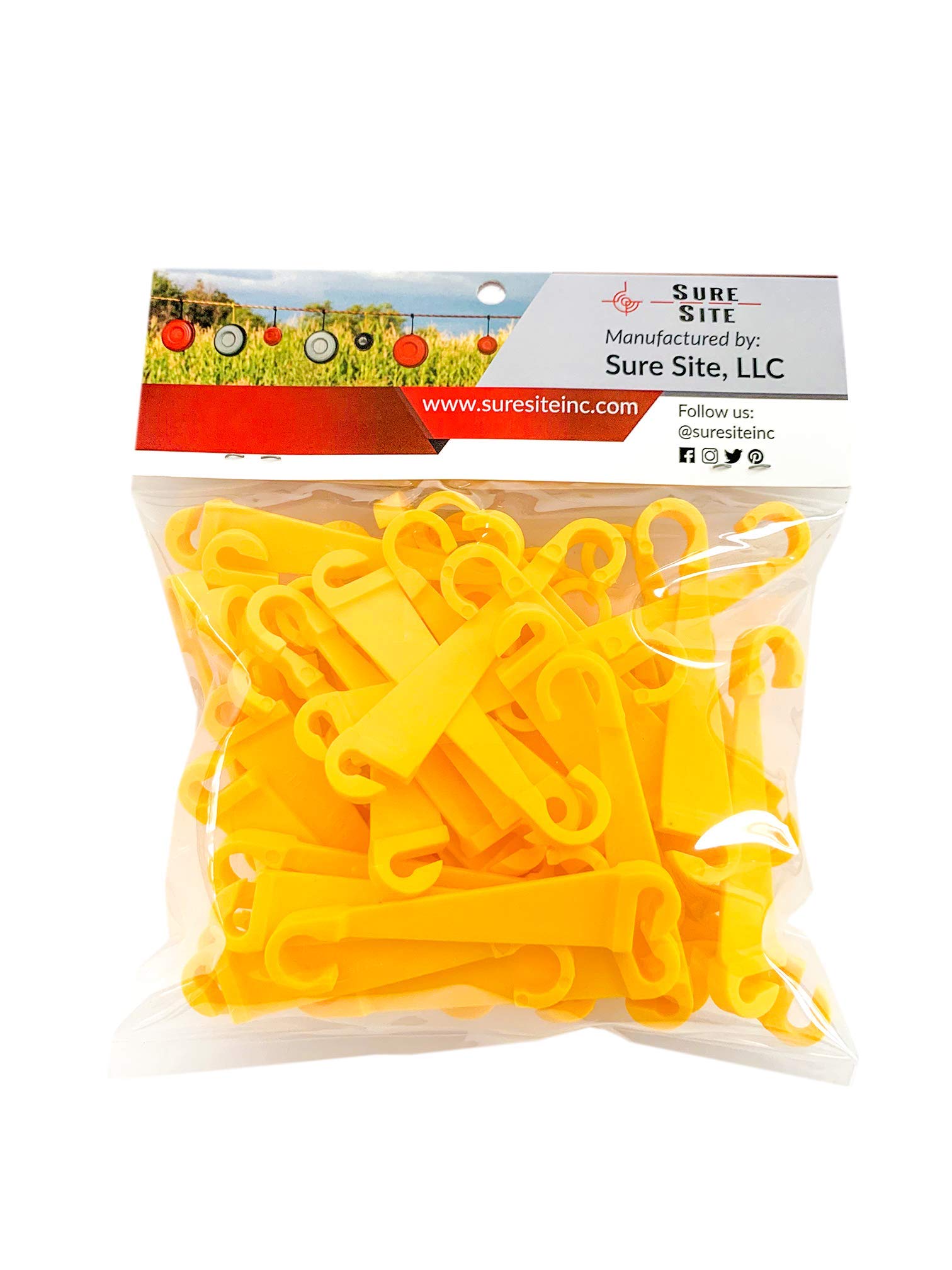 Sure SITE Clay Pigeon Target Hangers 50-Pack. Small, Lightweight, Reusable with Hooks on Each End. Attach to Fence, Line. Orange for Excellent Visibility. Holds Clay Targets, Water Balloons, Cans