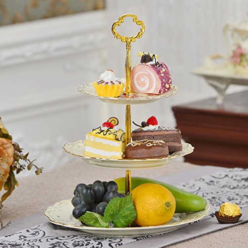 YOLIFE Red Rose Pattern 3 Tiered CupCake Stand, Emboss Golden Leaves Edge Porcelain 3 Tier Pastry Stand Desert Stand