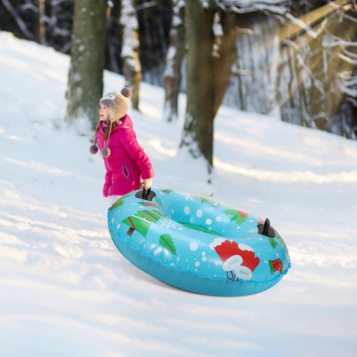 Toyvian Winter Snow Tube Inflatable Sled Snow Ring with 2 Smooth Safety Hhandles for Kids and Adults