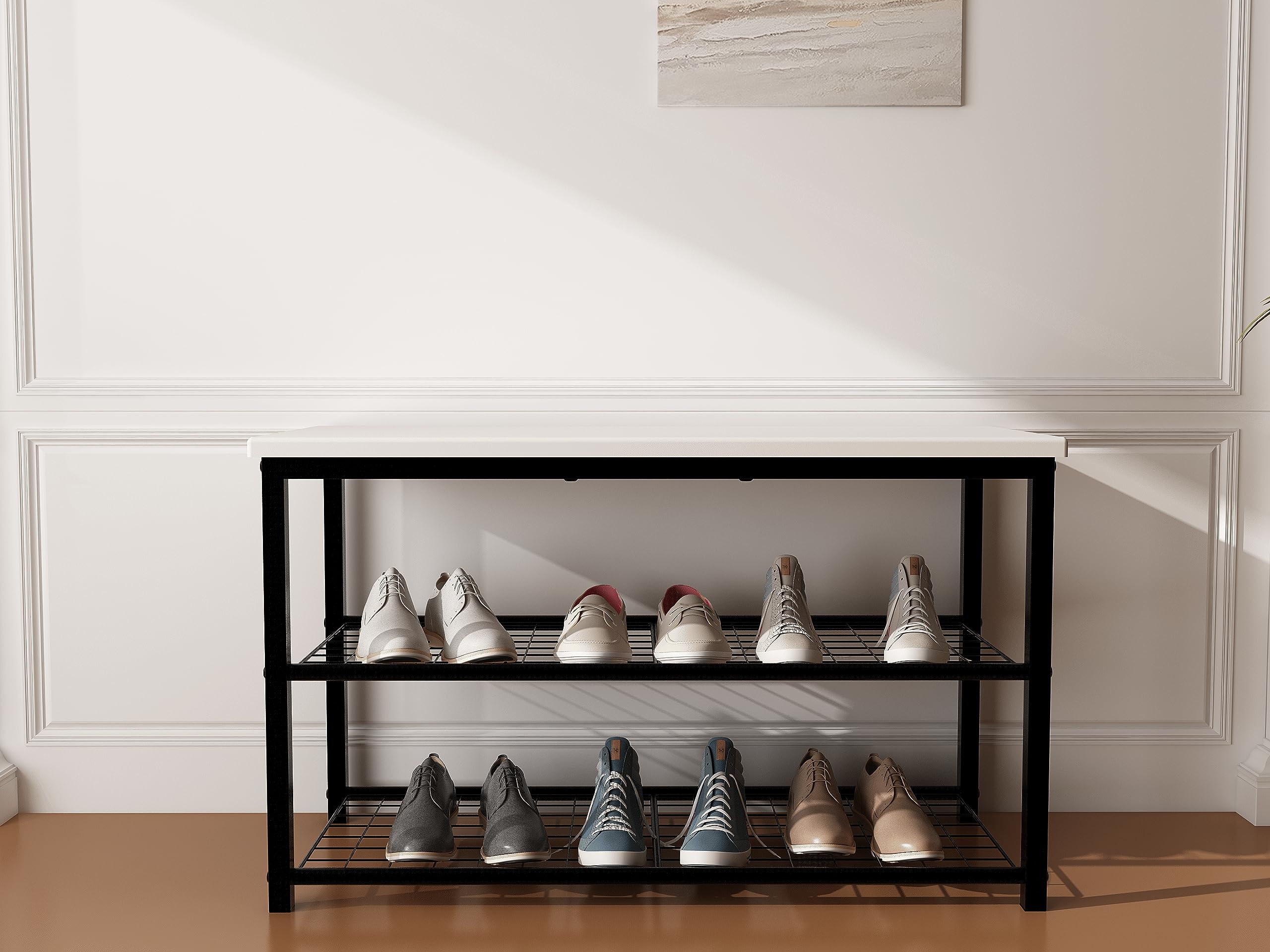 Rooflare Shoe Bench, 3 Tiers Shoe Rack for Entryway, Storage Organizer with Two Iron Shelf and top for Board, Shoe Shelf, Metal Steel Frame, Black, Durable