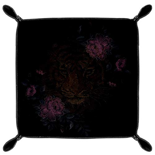 TIZORAX Floral Pattern with Tiger Office Desk Organizer Storage Box Leather Tray Holder Desktop Stationery Catchall Multi-Functional PU Leather for Wallets Keys Coins Cell Phones and Office Equipment