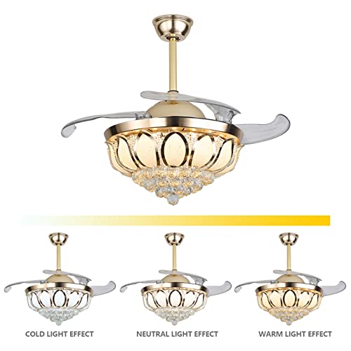 TBVECHI 42" Crystal Ceiling Fan Light with Remote Control Retractable Blade LED Chandelier 3 Colors Dimmable Pendant Lamp for Living Room Bedroom Basement Kitchen
