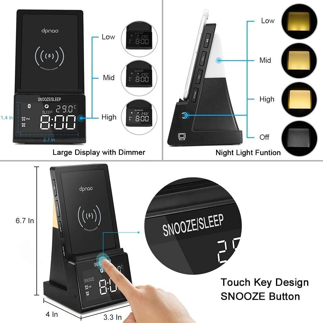 Wireless Charger with Bluetooth Speaker Alarm Clock Night Light USB Fast Charging Station Compatible with iPhone 14/14 Pro/iPhone 13/13 Pro/iPhone12/12 Pro Max/iPhone11/Galaxy S23/S22/S21 etc