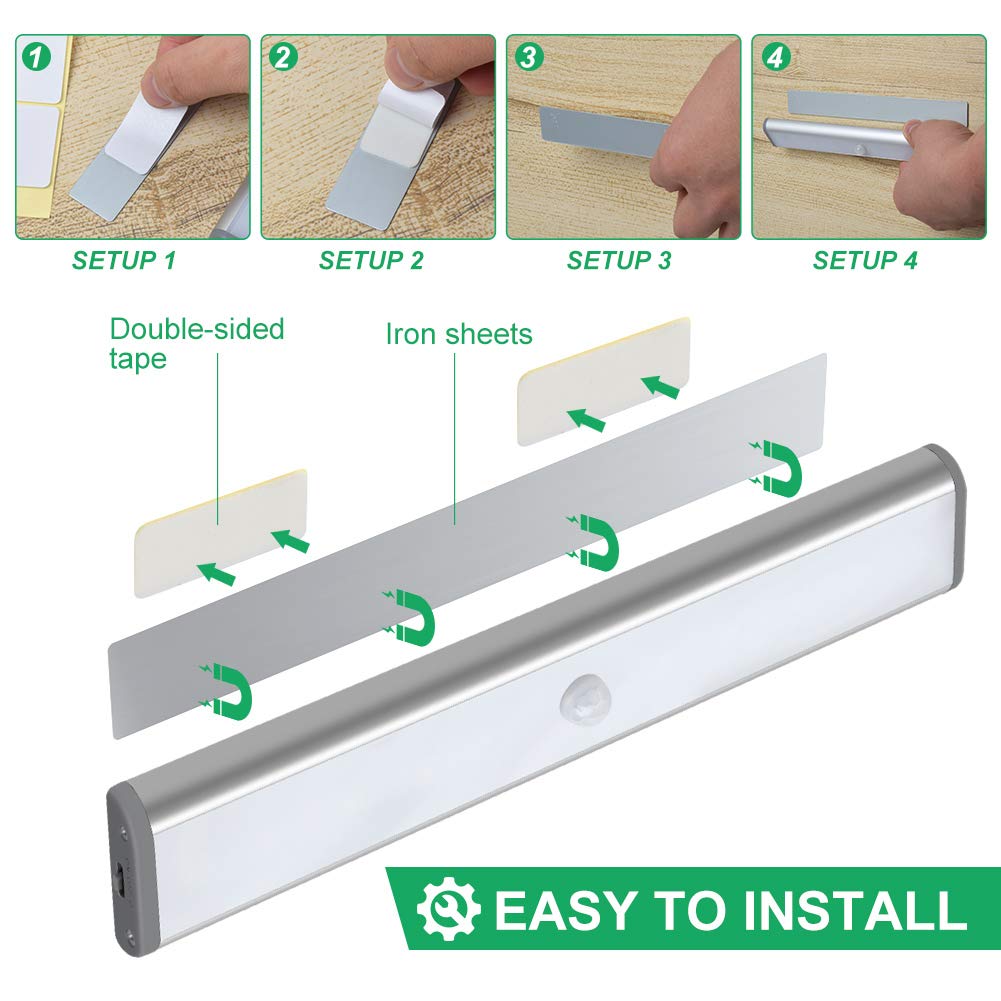 Wireless Motion Sensor Cabinet Lights 10-LED USB Rechargeable Closet Lights LED Under Cabinet Lighting for Wardrobe/Drawer/Stairs/Cupboard/Counter/Pantry/Stairs,Stick On Anywhere,2 Pack,White Light