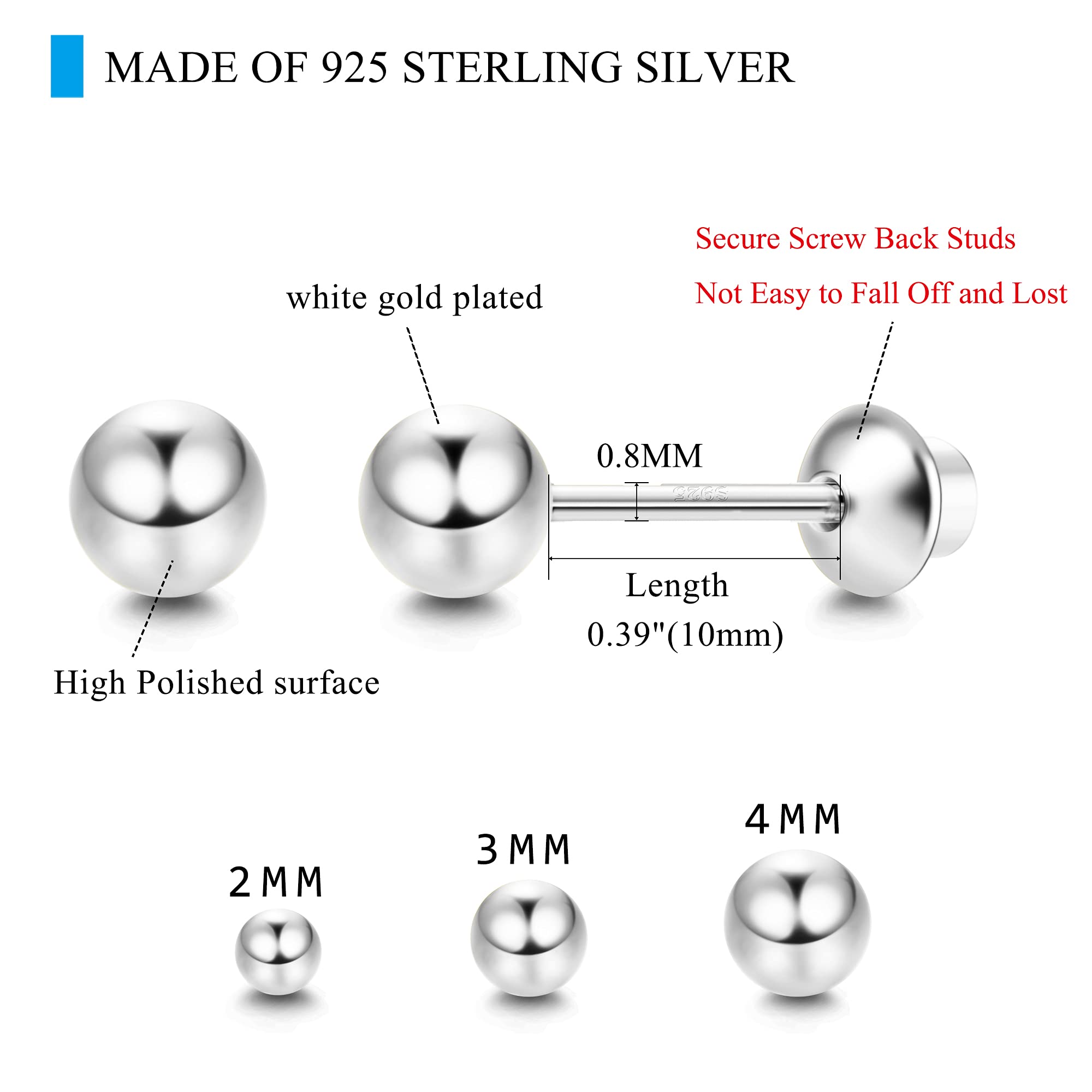 Sllaiss 3 Pairs Ball Stud Earrings Screw Back 925 Sterling Silver Cartilage Earrings Stud 14K Gold Plated Tiny Screwback Earrings For Women 2mm-4mm (Silver)