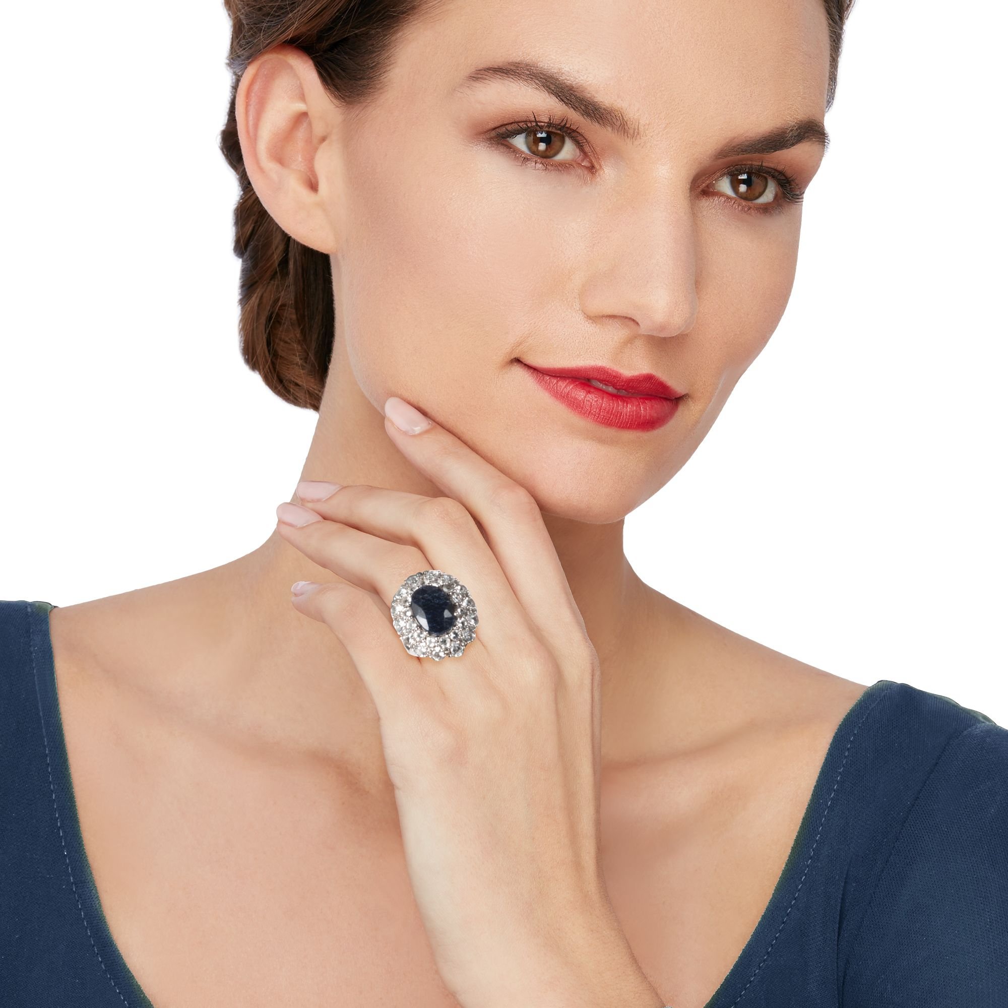 Ross-Simons 7.25 Carat Dark Blue Sapphire and 4.40 ct. t.w. White Topaz Ring in Sterling Silver. Size 8