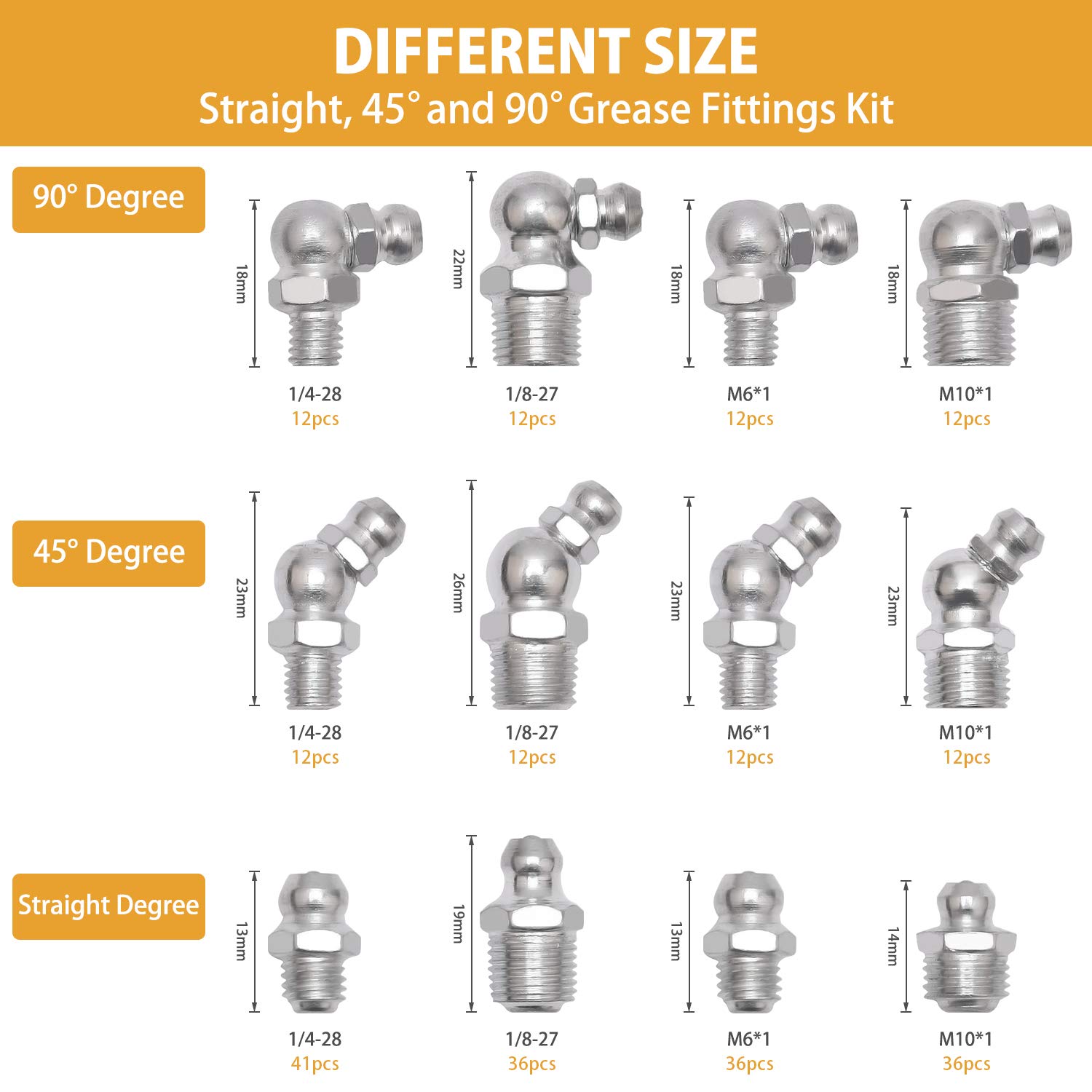 VIGRUE Grease Fittings, 245 Pieces SAE & Metric Grease Fitting Assortment Kit, Standard Grease Fittings Grease Zerks, Straight and Angled Perfect for Replacing Missing or Broken Zerk Fitting