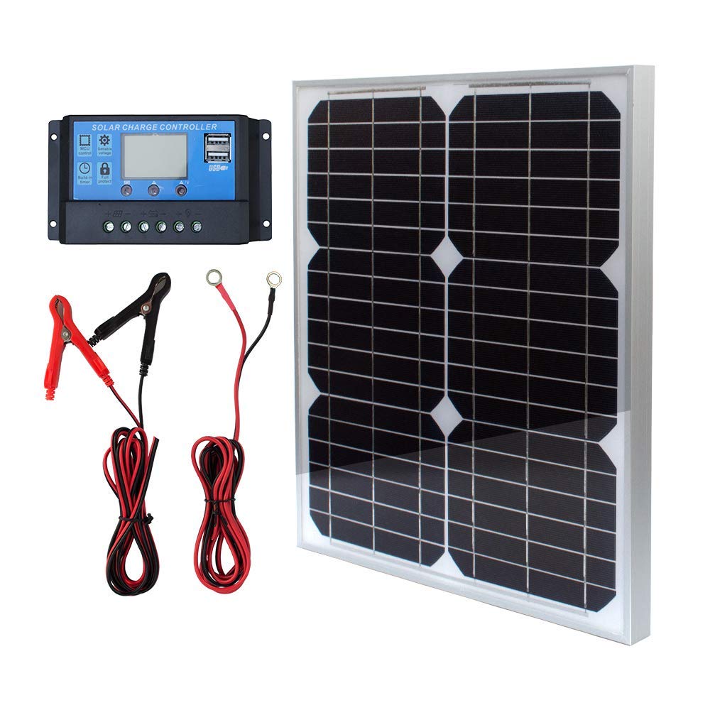 TP-solar Solar Panel Kit 20W 12V Monocrystalline with 10A Solar Charge Controller + Extension Cable with Battery Clips O-Ring Terminal for RV Marine Boat Off Grid System (Renewed)