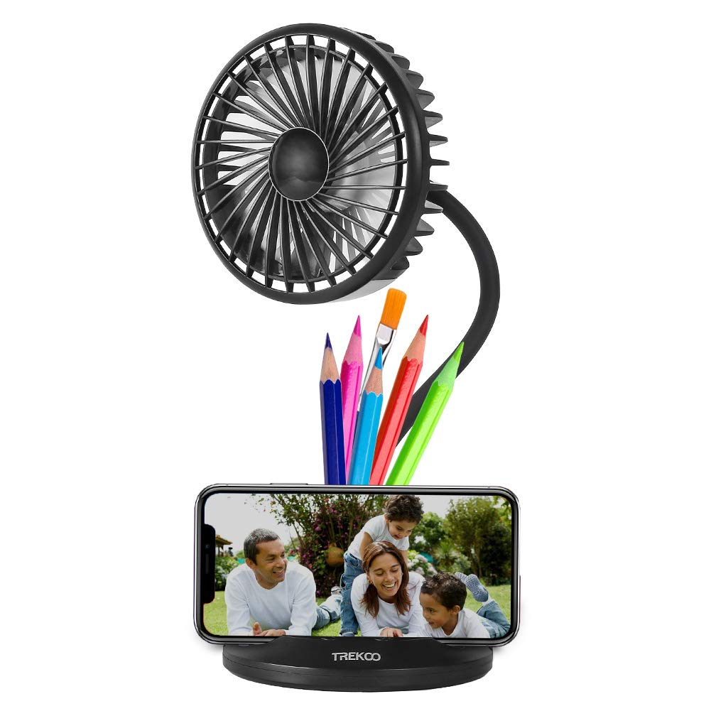 TREKOO Desk Fan Lamp Combo Rechargeable Battery Powered USB Personal Fan 3 Speeds 3 Light Brightness Flexible Gooseneck Small LED Lamp Table Fan Compatible with Adapter/PC/Power Bank
