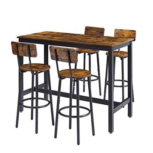 Tiophome PU Soft Seat with Backrest and Footrest,Modern Armless Kitchen Island Stool with Upholstered Cushion for Dining Room,Easy to Assemble,Rustic Brown, 5-Piece Bar Table Set for 4