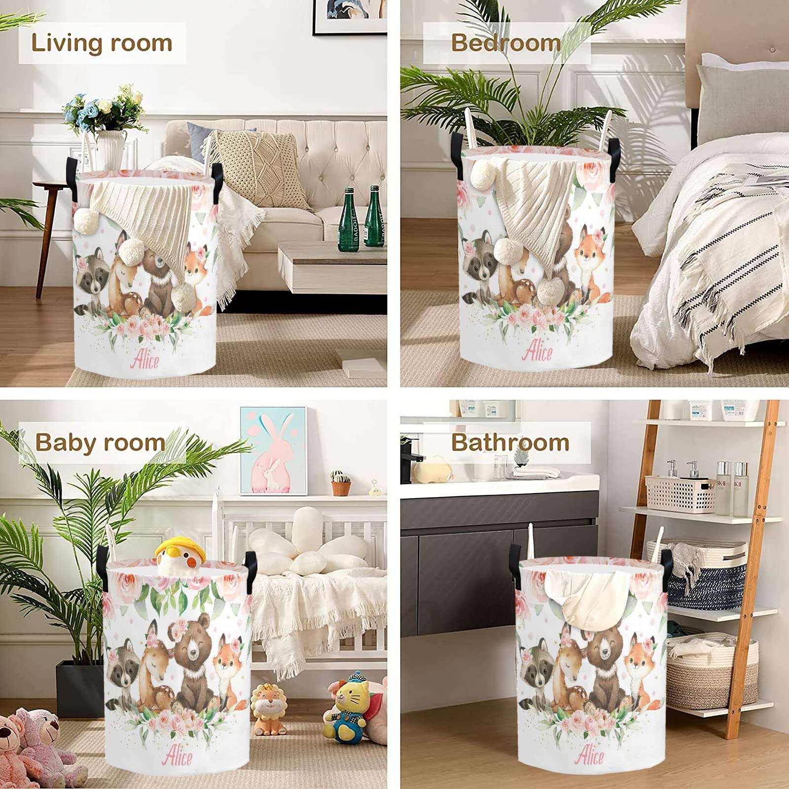 zaaprintblanket Laundry Basket Customized Name Organizer Storage Round Baskets Foldable Laundry Hamper with Handle for Nursery Bedroom Decor (Woodland Animals Pink Blush Floral)