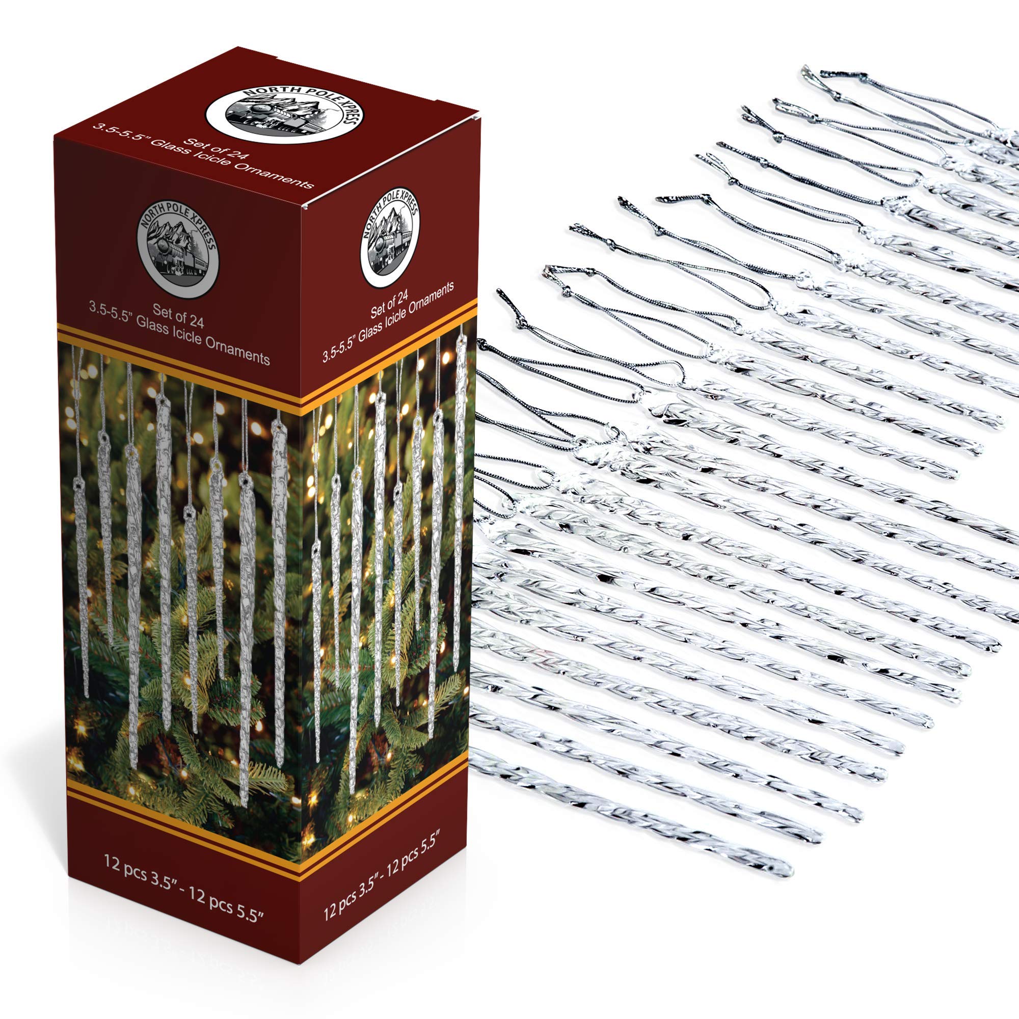 Set of 24 Twisted Clear Glass Icicle Ornaments - Perfect for Christmas Trees and Silver/White Winter Decor