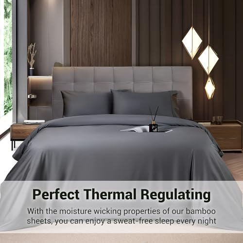 Shilucheng 4-Piece Queen Size Sheets Set,Rayon Derived from Bamboo_,Cooling & Breathable Bed Sheets, Silky Bedding Sheets & Pillowcases, 16 Inch Deep Pockets (Queen,Dark Grey)