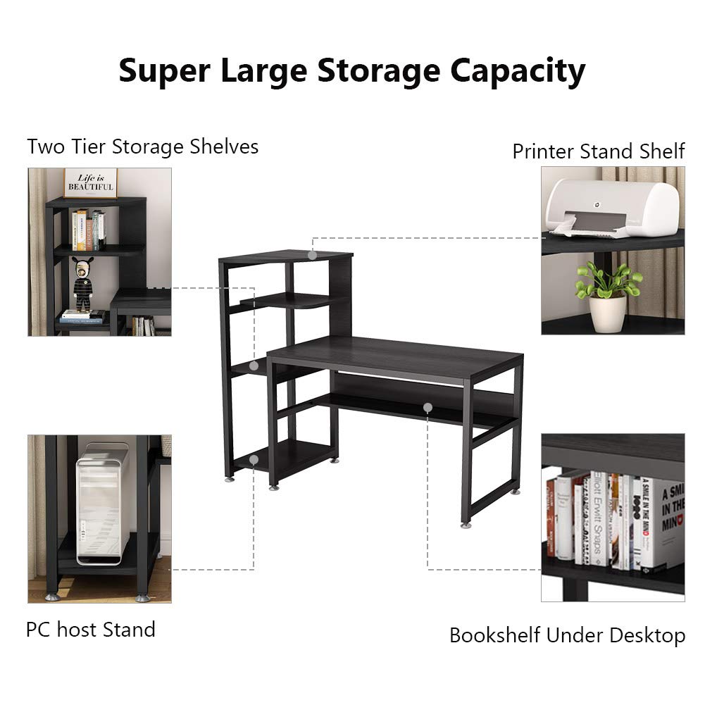 Tribesigns Computer Desk with 4-Tier Storage Shelves, 58 inch Large Modern Office Desk Study Writing Table Workstation with Bookshelf for Home Office(Black)