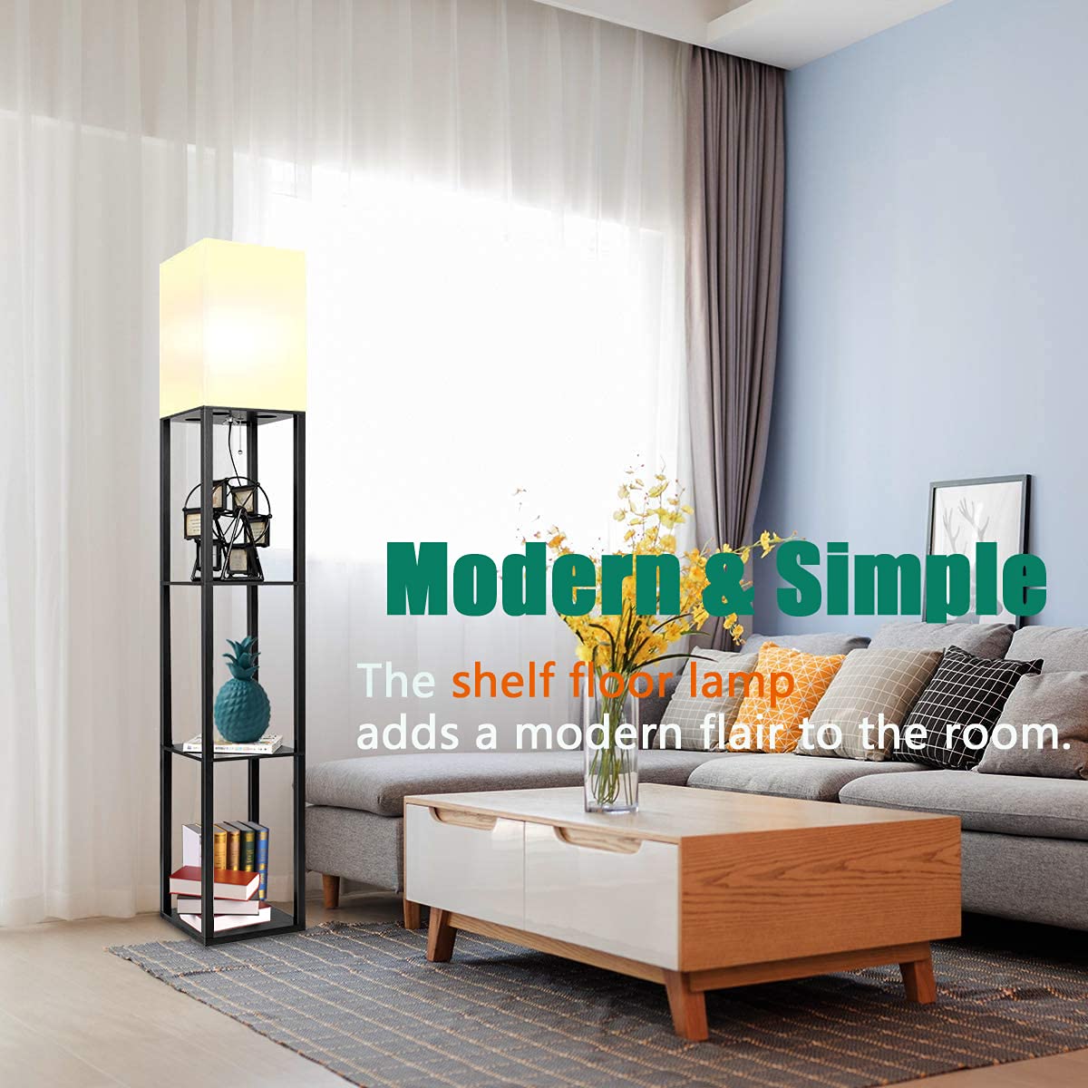 Wishwill Floor Lamp with Shelves, Modern Standing Shelf Lamp with 3 CCT LED Bulb and White Shade for Living Room Bedroom and Office-Black