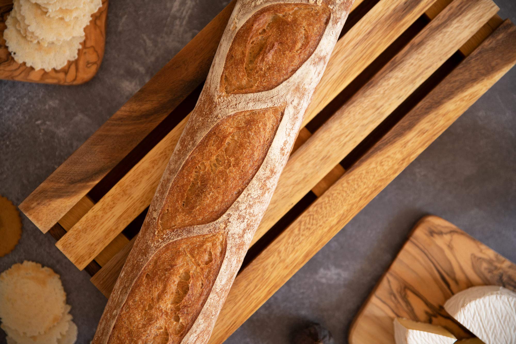 Villa Acacia Wood Bread Board - 12 x 7 in Handcrafted Wooden Cutting Board Slicer Tray with Handle Medium