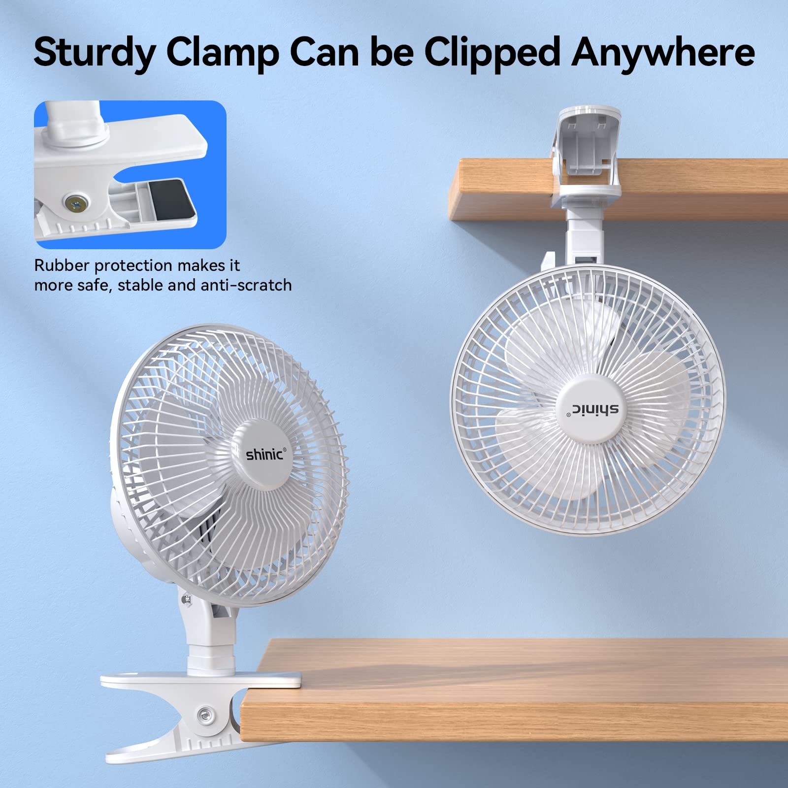 shinic 6-inch Clip on Fan with Strong Clamp,Powerful Airflow,Adjustable Tilt,Quiet Cooling Table-Top&Clip Fan with 6 ft Cord for Home,Office,Car,Garage,Gyms and Workshops(1pcs, White)
