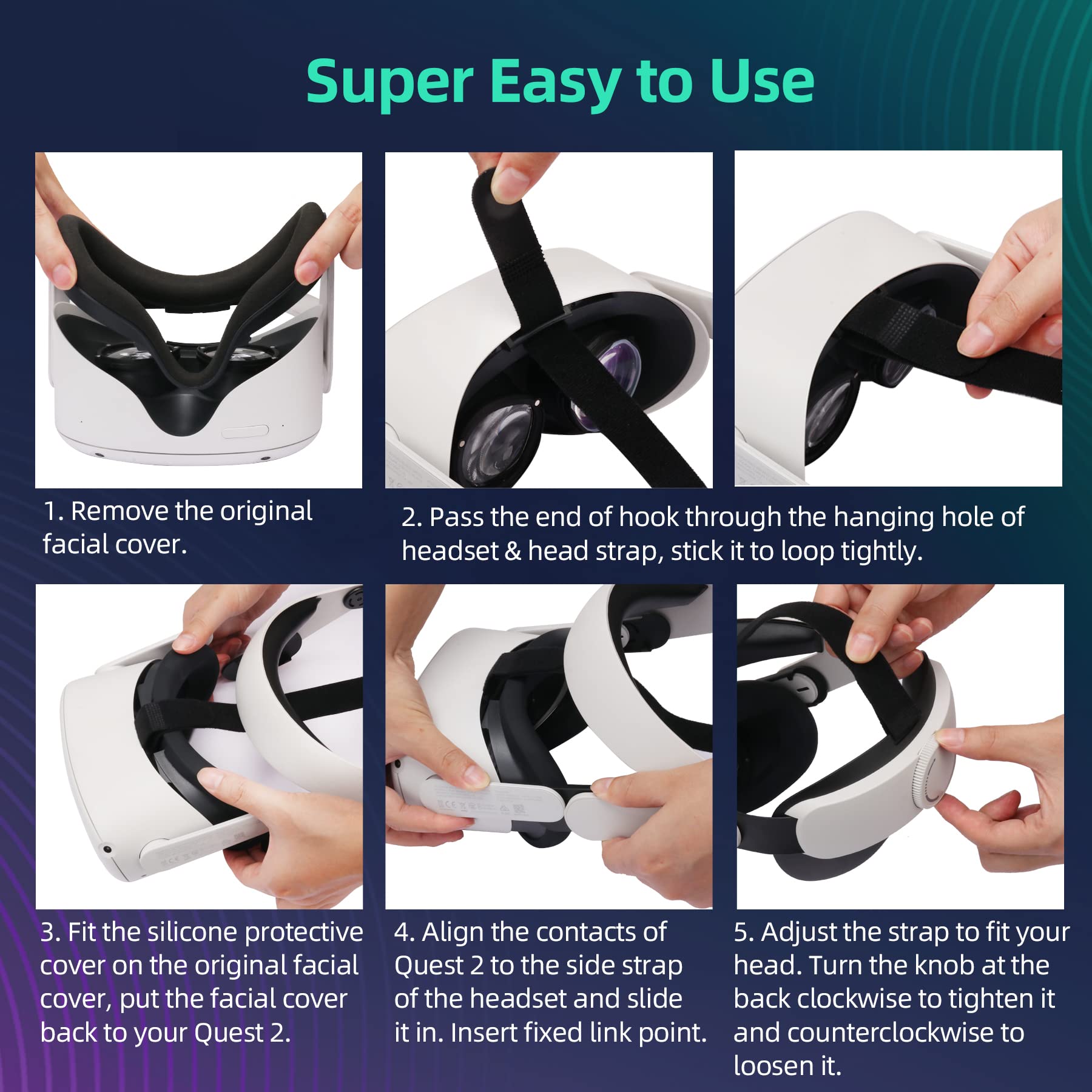 SEVENKA Head Strap for Meta Oculus Quest 2, Replacement for VR Headset Elite Strap with Silicone Face Cover, Lightweight VR Accessories, Enhanced Support and Comfort in VR, Reduce Head Pressure
